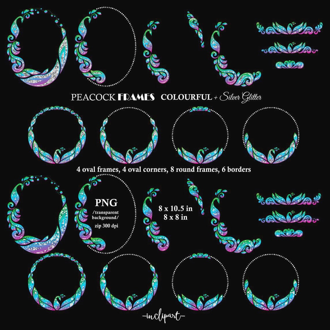 Digital Peacock Frames Clipart. Rainbow and Silver Glitter Oval, Round ...