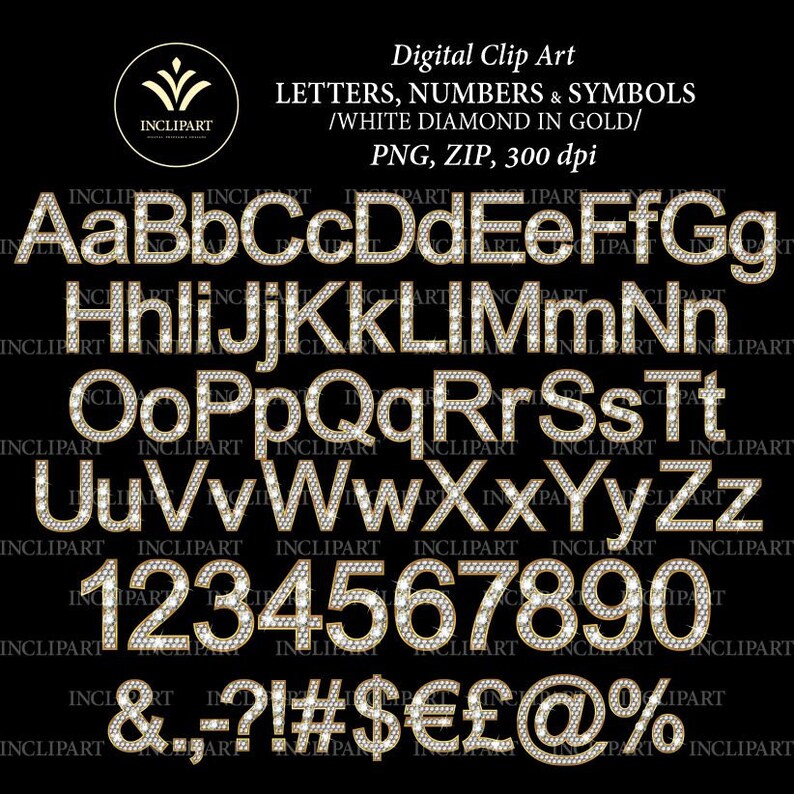 Diamond and Gold Alphabet and Numbers Digital PNG Clipart. Rhinestone ...