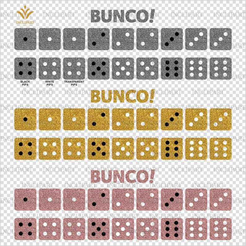 Dice, Bunco Digital Clipart PNG File Format. Glitter Silver, Gold, Rose ...