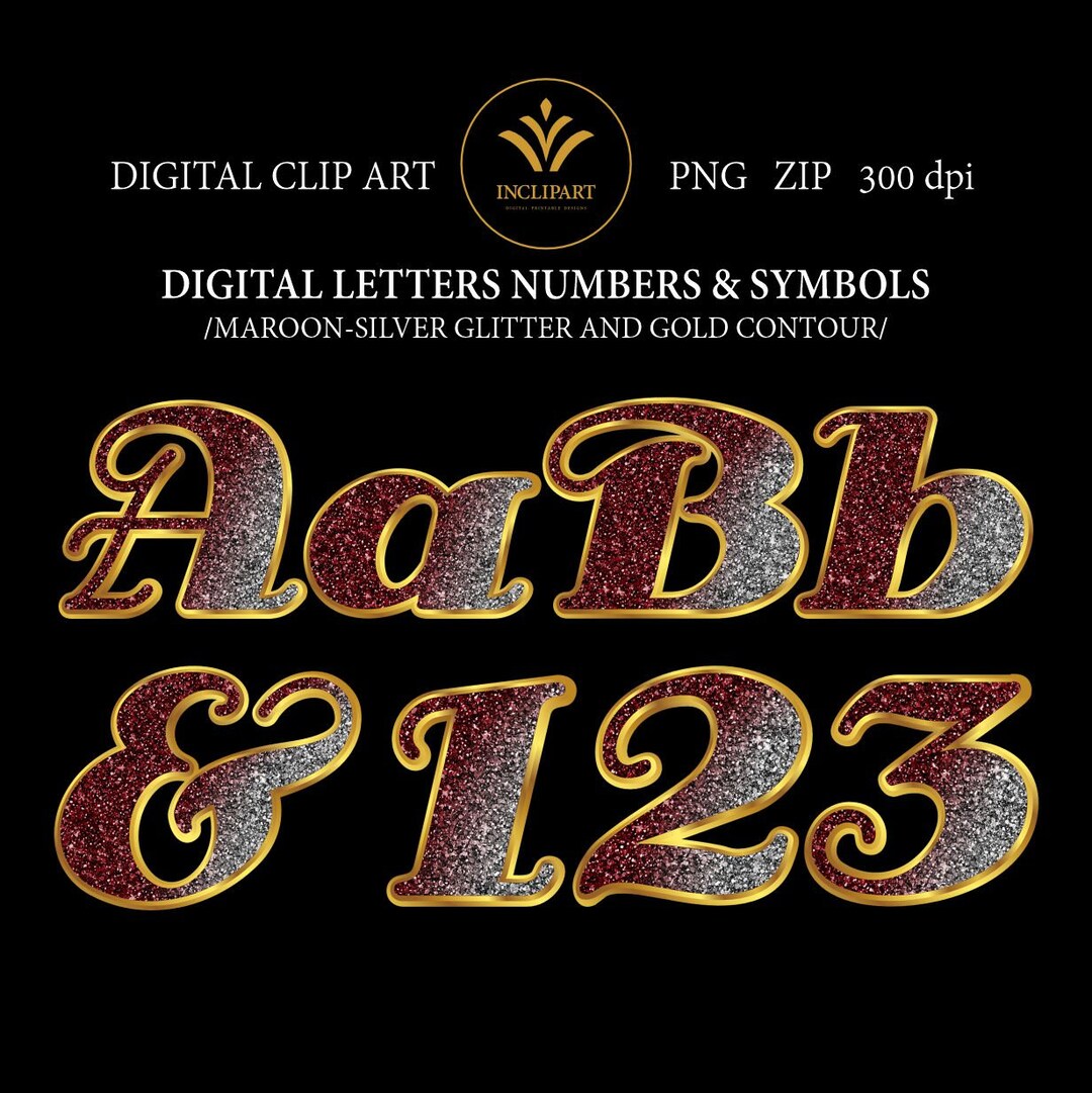Glitter Alphabet Clipart. Letters and Numbers Digital Clip Art. Maroon ...