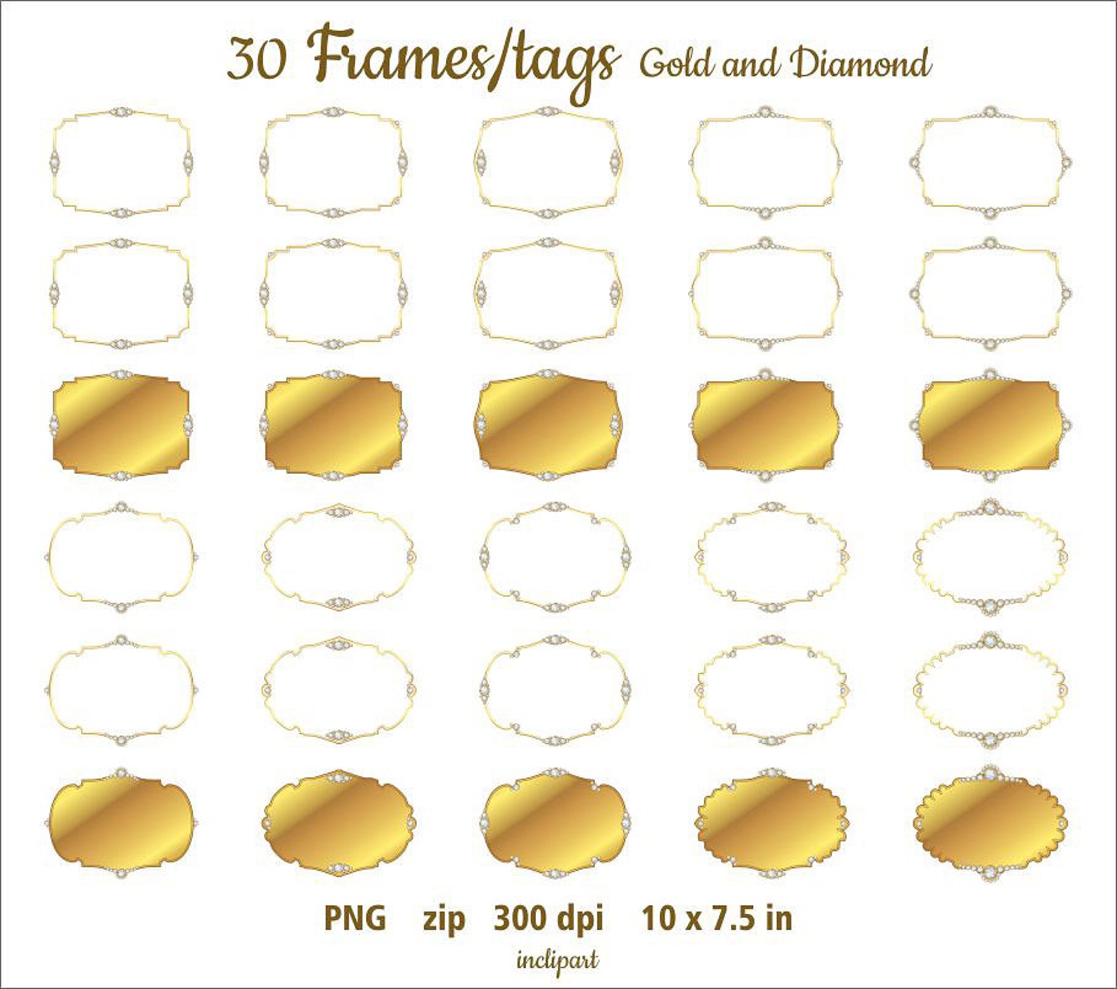 Frames Clipart. Digital Download. Gold and Diamond Frames Clip Art. Set ...