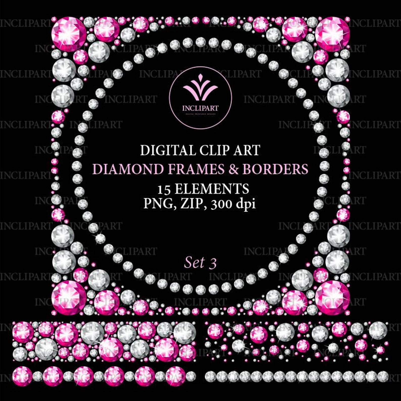 Diamond Clipart. Pink and white gem frames borders overlay. | Etsy