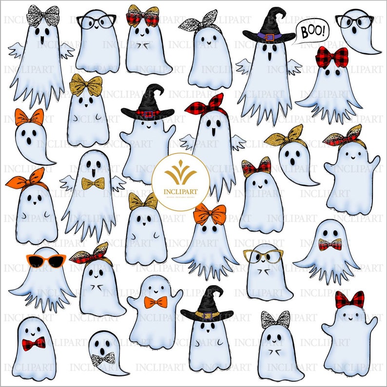 Cute Ghosts With Hat, Bow and Glasses, Halloween Clip Art in PNG File ...