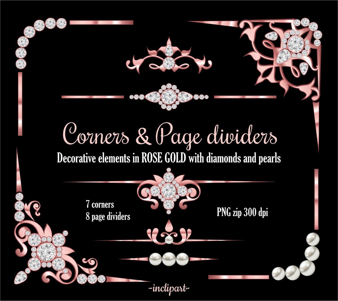Rose Gold Corner, Page Divider Clipart. Set of 15 Decorative Elements ...