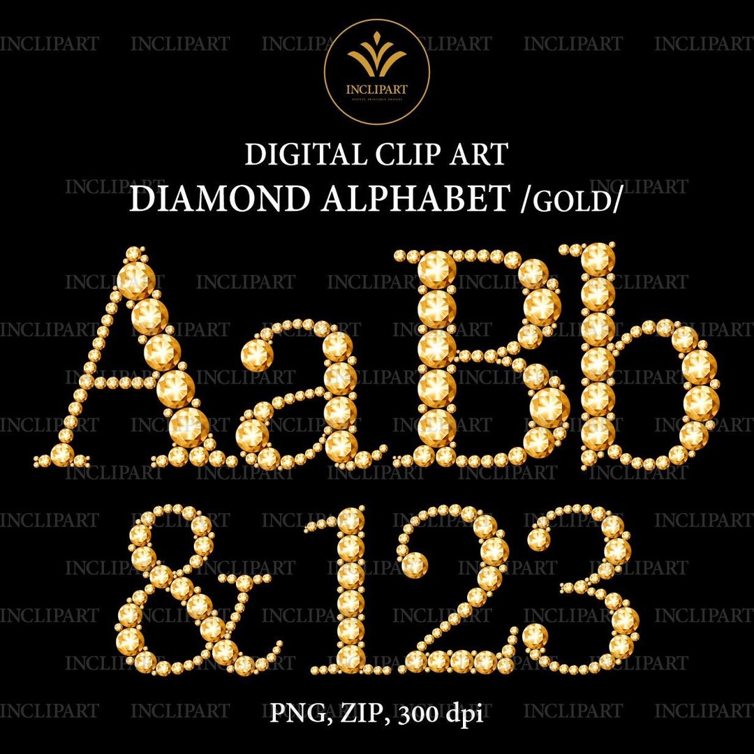 Diamond Alphabet and Numbers Clip Art PNG File Format. Digital Gold ...