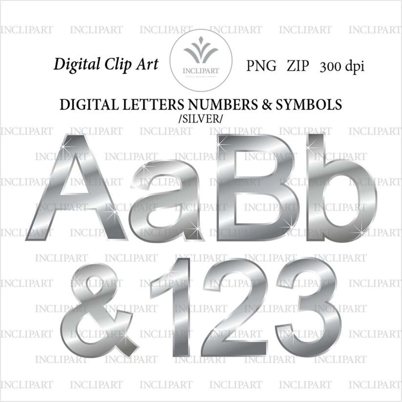Silver, Metallic Letters and Numbers Digital Clip Art in PNG File ...