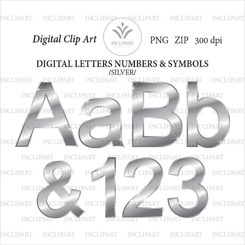 Silver, Metallic Letters and Numbers Digital Clip Art in PNG File ...