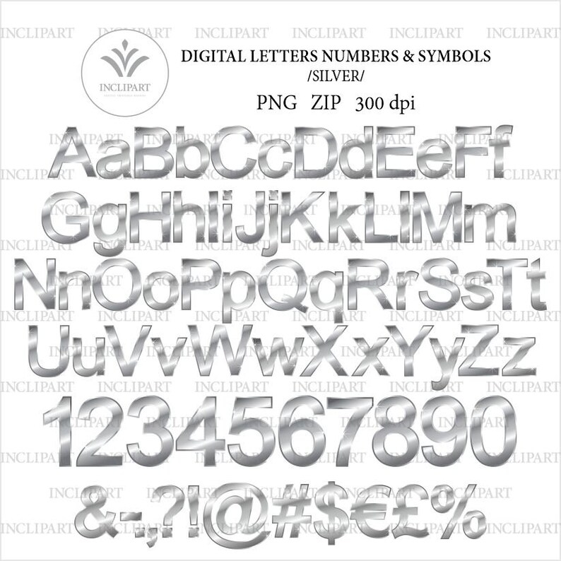 Silver, Metallic Letters and Numbers Digital Clip Art in PNG File ...