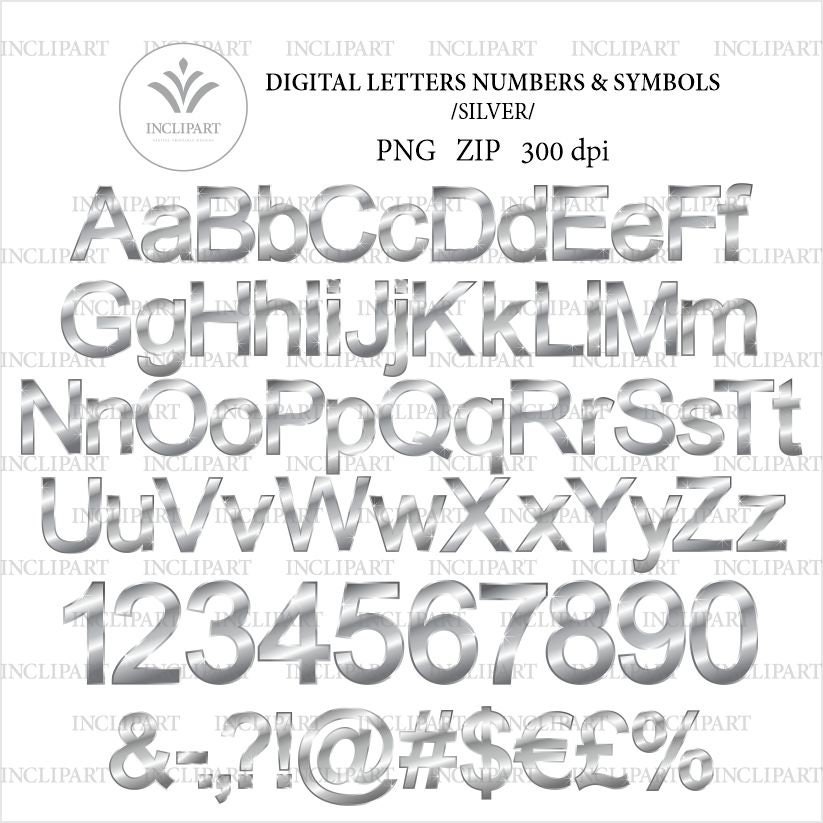 Silver, Metallic Letters and Numbers Digital Clip Art in PNG File ...