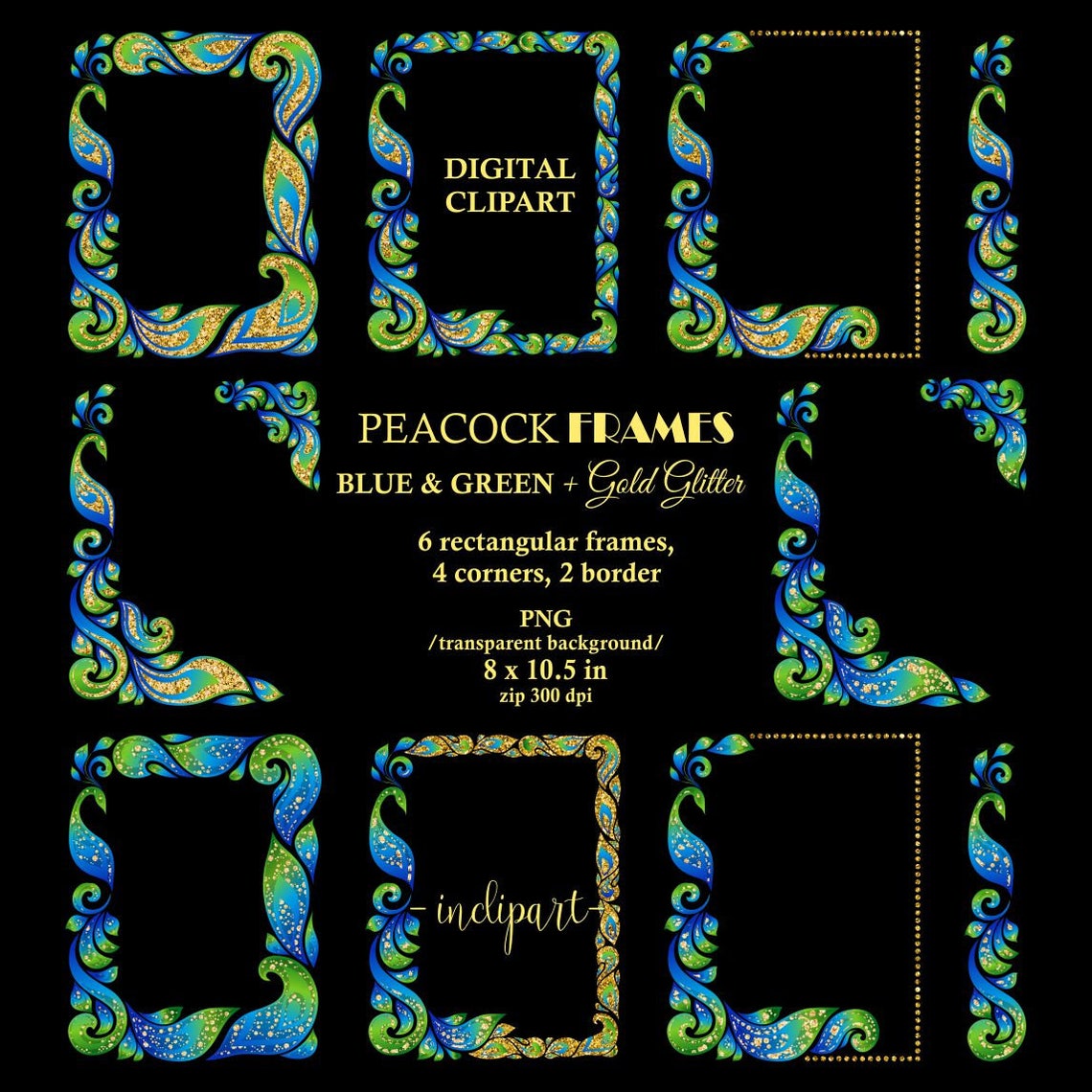 Peacock Frame Clipart. Frame Corner Border Green Blue With | Etsy Canada