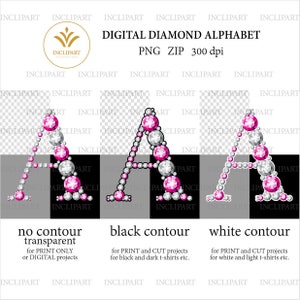 Pink, White Diamond Alphabet, Numbers Clip Art PNG File Format. Digital Rhinestone Letters ...
