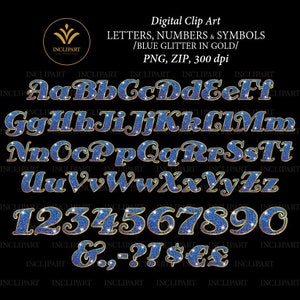 Blue Glitter Alphabet Digital Clipart. Letters and Numbers PNG Format ...