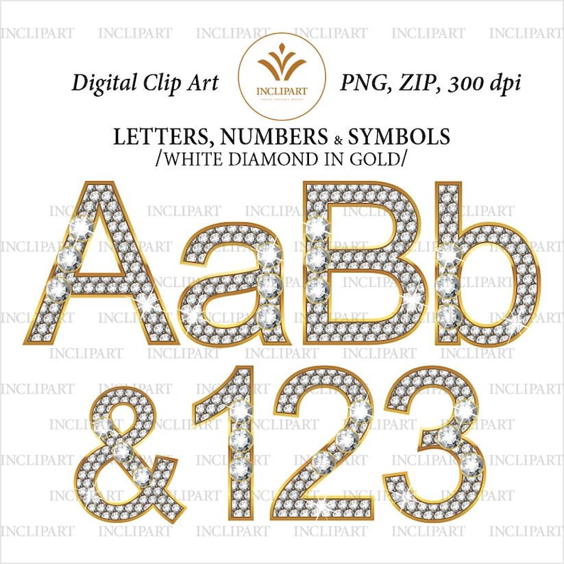 Diamond and Gold Alphabet and Numbers Digital PNG Clipart. Rhinestone ...