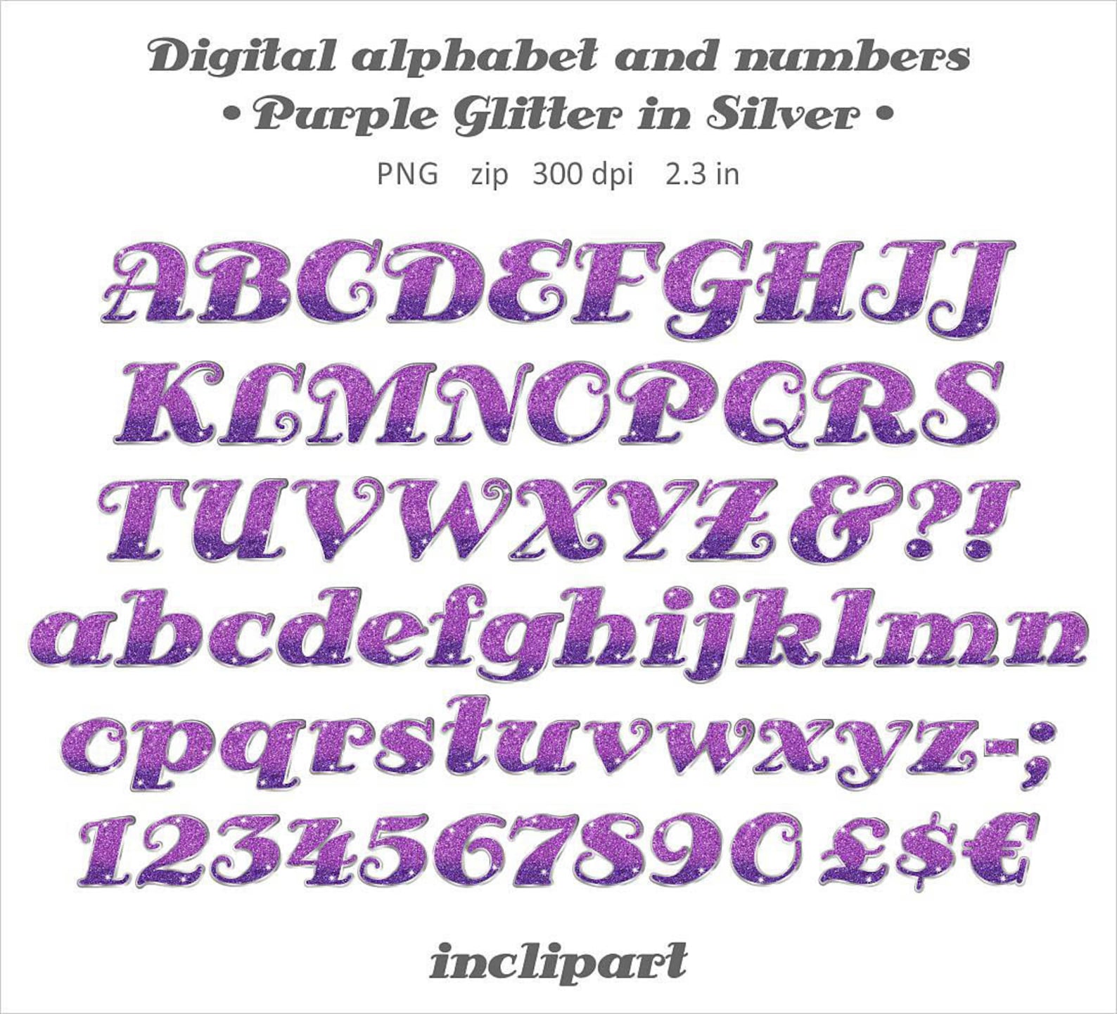 Purple Glitter Alphabet Clipart. Letters Numbers Digital | Etsy