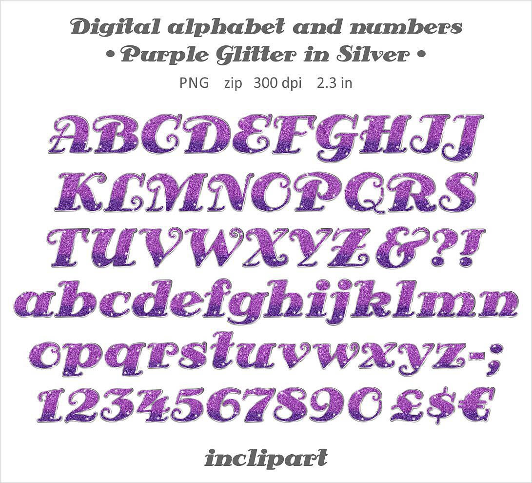 Purple Glitter Alphabet Clipart. Letters, Numbers Digital Clipart ...
