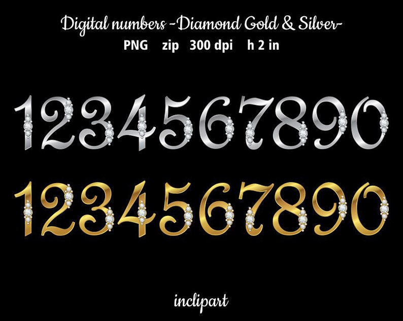 Digital numbers clip art. Gold and silver with | Etsy