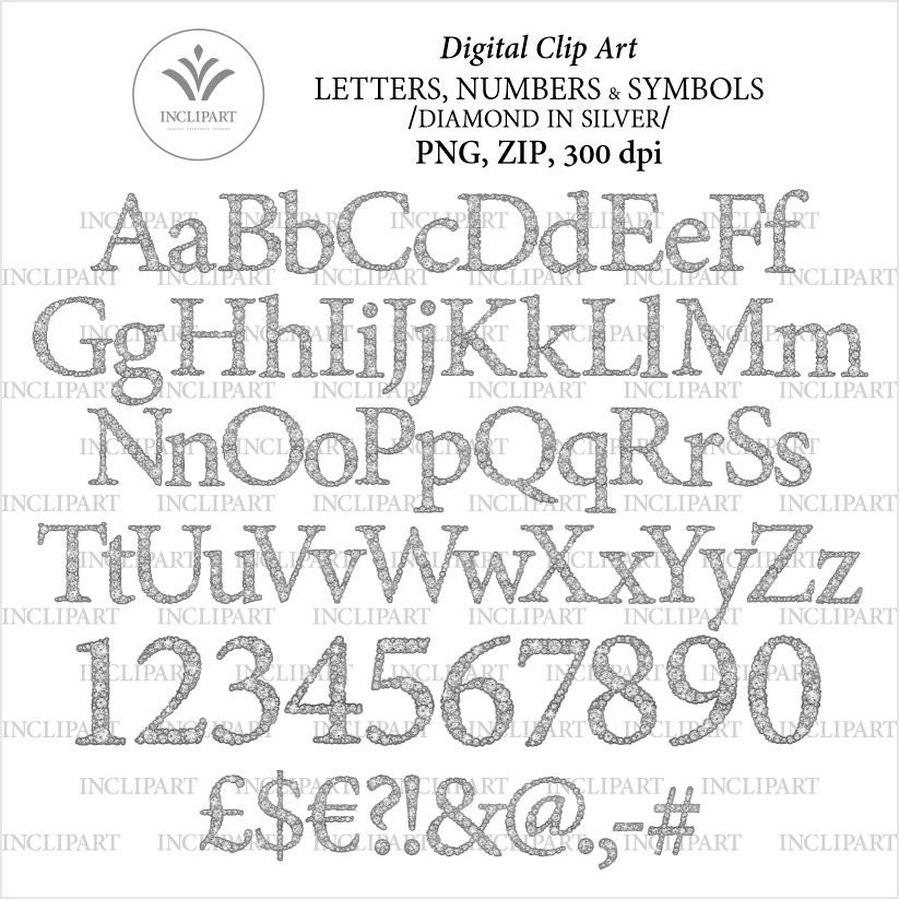 Diamond in Silver Letters Numbers PNG Files Digital Clipart. | Etsy