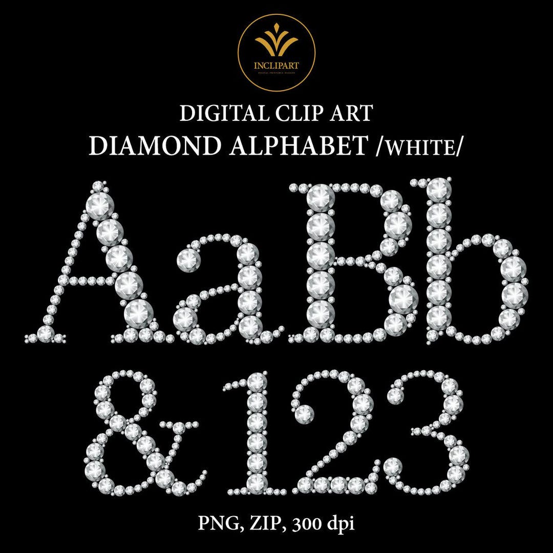 Diamond Alphabet and Numbers Clip Art PNG File Format. Digital White ...