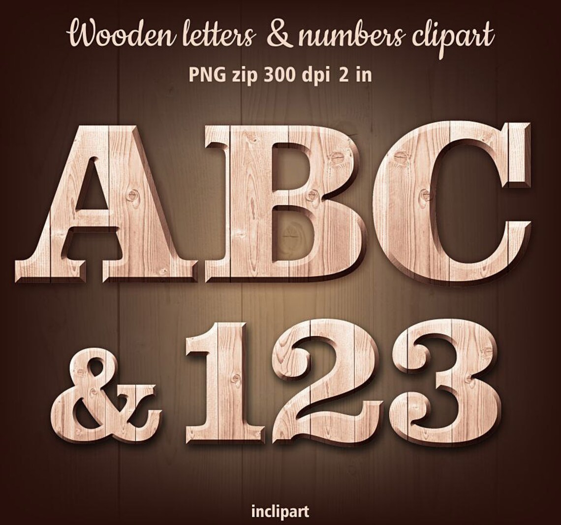 Wooden letters & numbers clipart. Digital download. Digital | Etsy