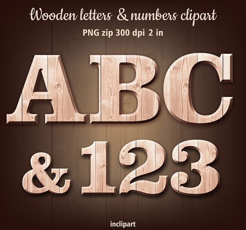 Wooden Letters & Numbers Clipart. Digital Download. Digital Alphabet ...