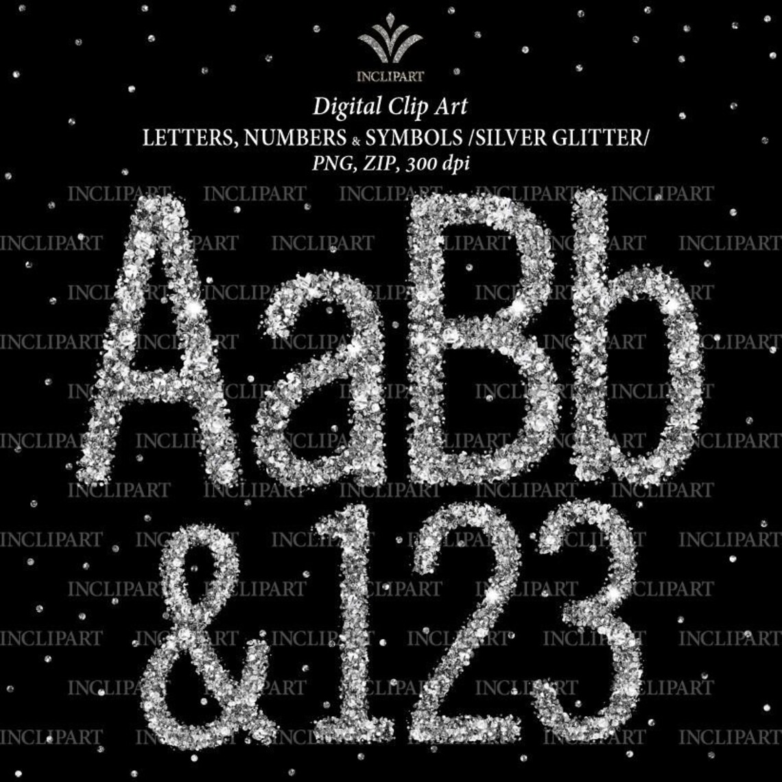 Silver glitter letters numbers symbols PNG digital clip art. | Etsy