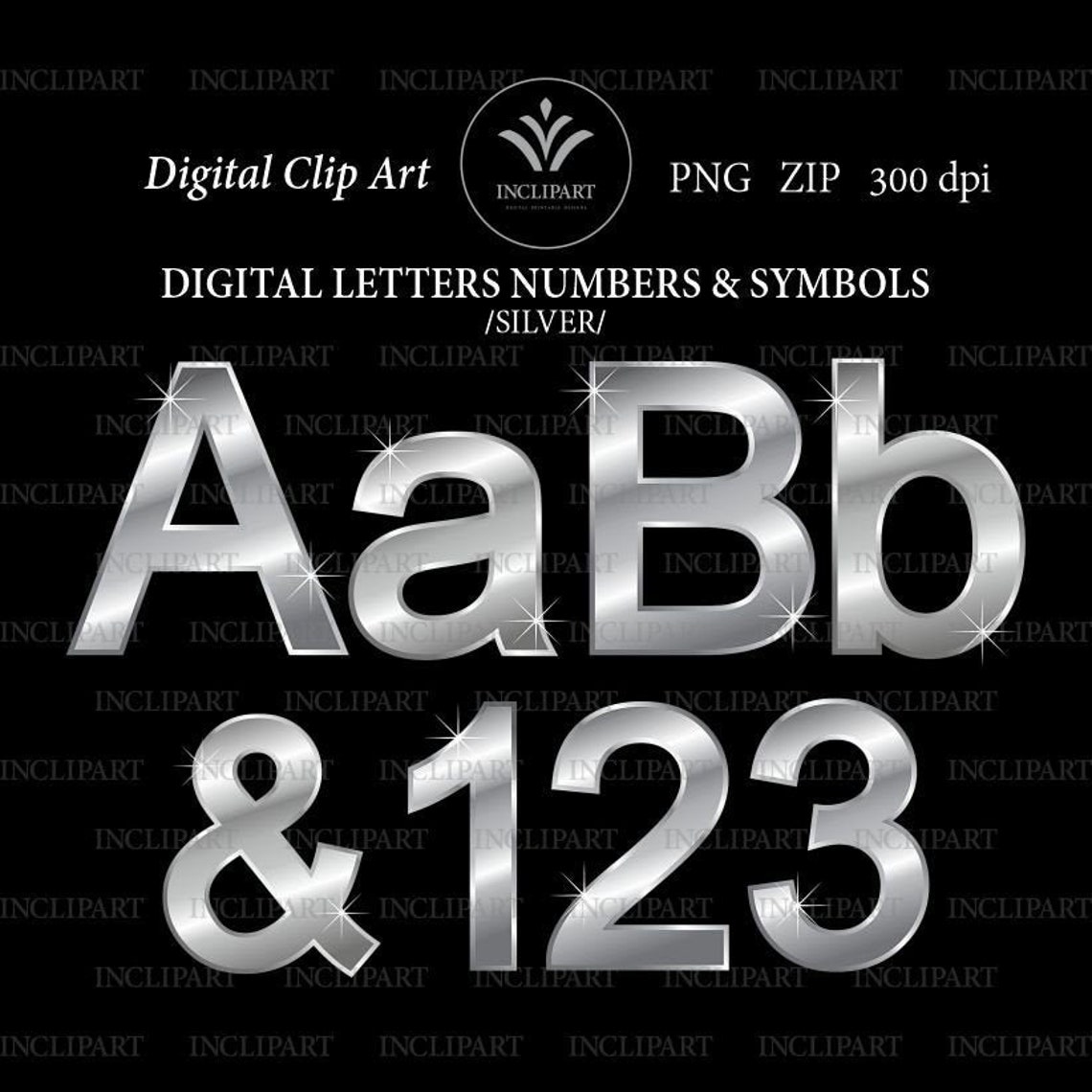 Silver Metallic Letters and Numbers Digital Clip Art in PNG - Etsy