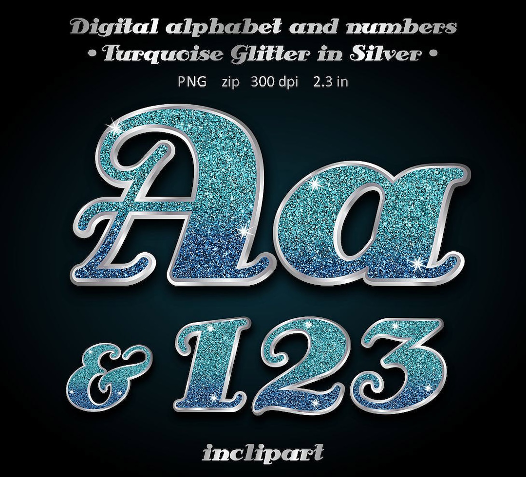Turquoise Glitter Alphabet Clipart. Letters and Numbers Digital Clip ...