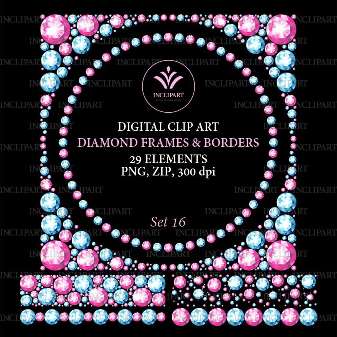 Diamond Clipart. Pink and Blue Gem Frames, Borders Overlay. Rhinestone ...
