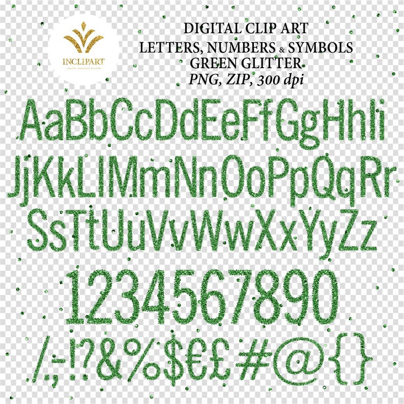Green Glitter Letters, Numbers, Symbols PNG Files Digital Clip Art ...