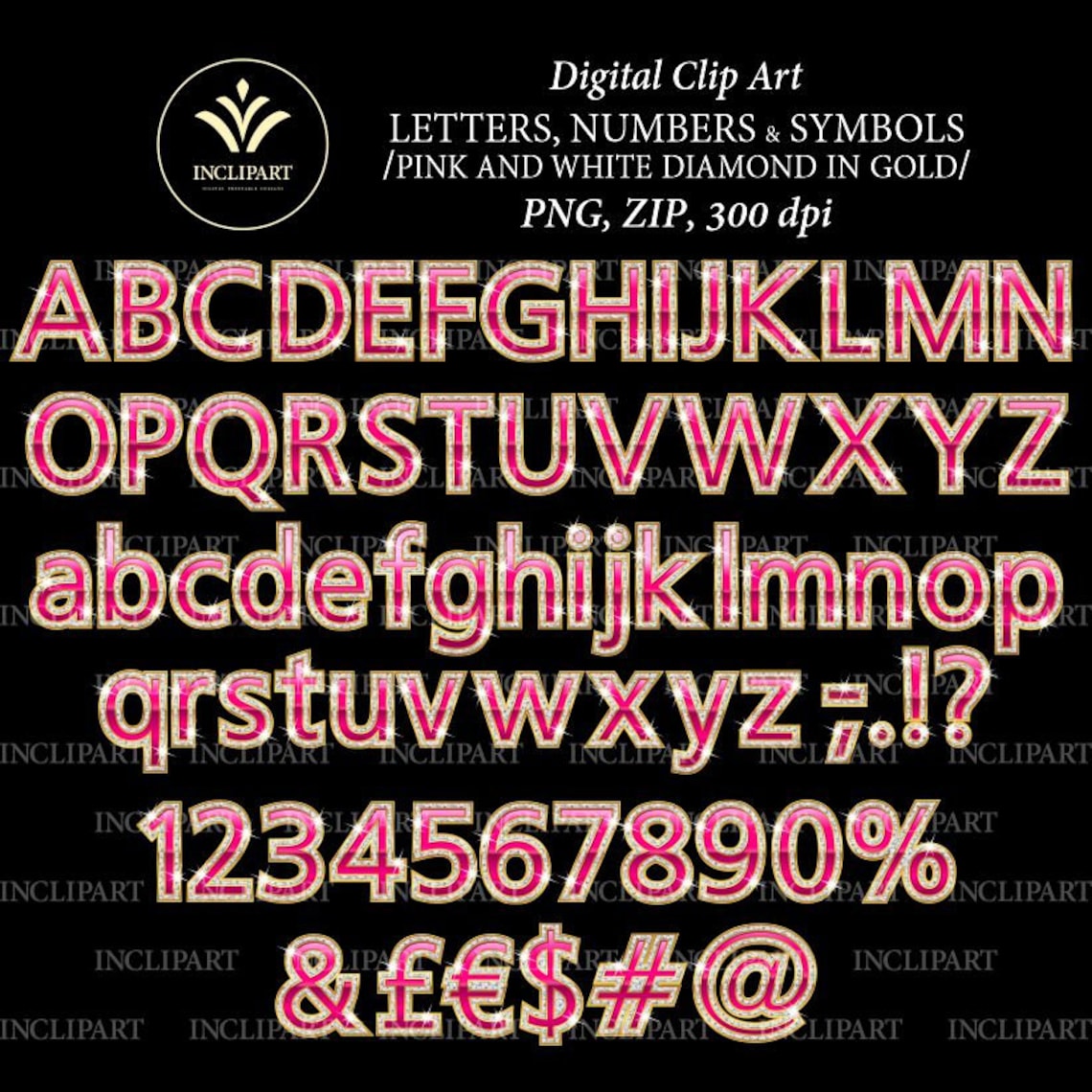 Pink Diamond and Gold Alphabet and Numbers Clipart. - Etsy