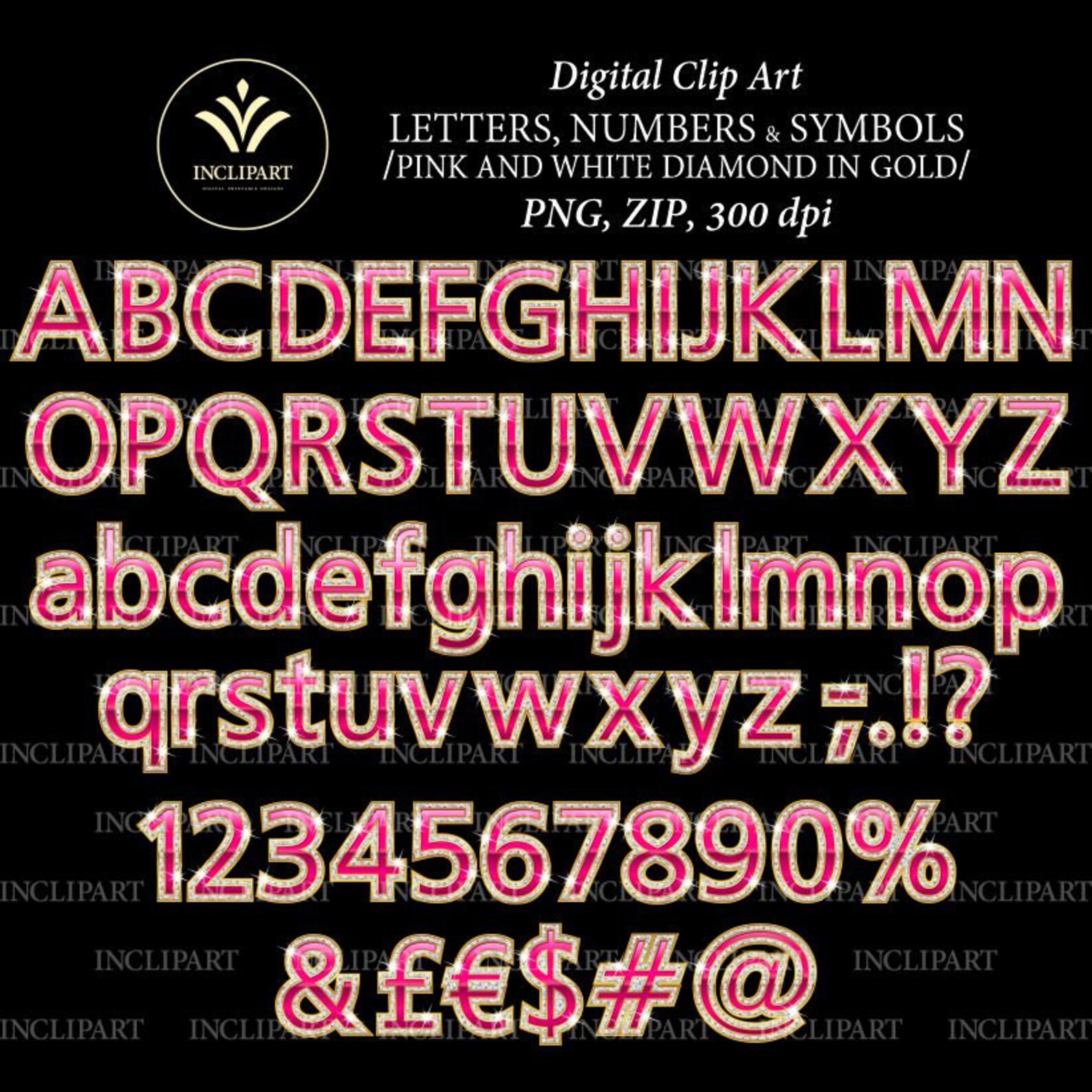 Pink, Diamond and Gold Alphabet and Numbers Clipart. Rhinestone Letters ...