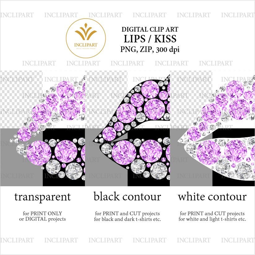 Lips, Kiss Digital Clipart PNG. Purple Glitter & Diamond, Pink Leopard ...