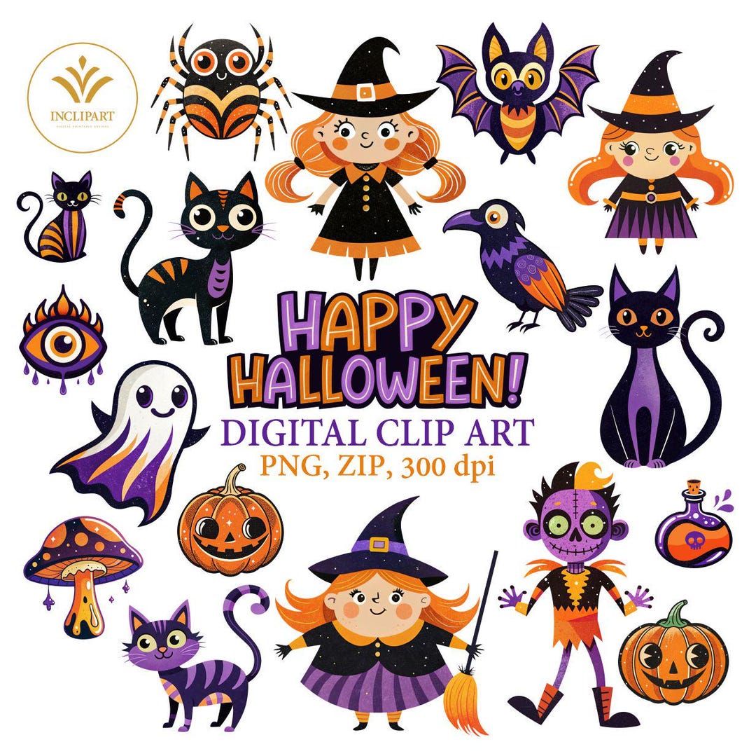 Happy Halloween Digital Download Images in PNG File Format. Cute Witch ...
