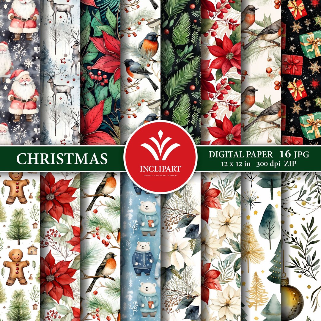 Christmas Watercolour Digital Paper Clip Art. Set of 16 JPG Seamless ...