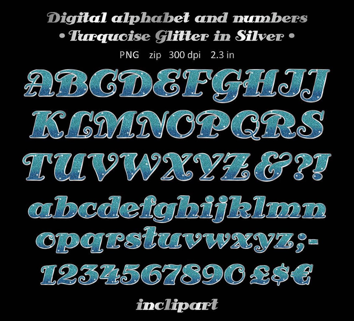 Turquoise Glitter Alphabet Clipart. Letters and Numbers - Etsy
