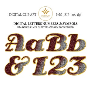 Glitter Alphabet Clipart. Letters and Numbers Digital Clip Art. Maroon ...
