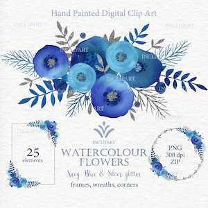 Watercolor Navy Blue Flowers Clipart. Floral Wreaths, Corners, Frames ...