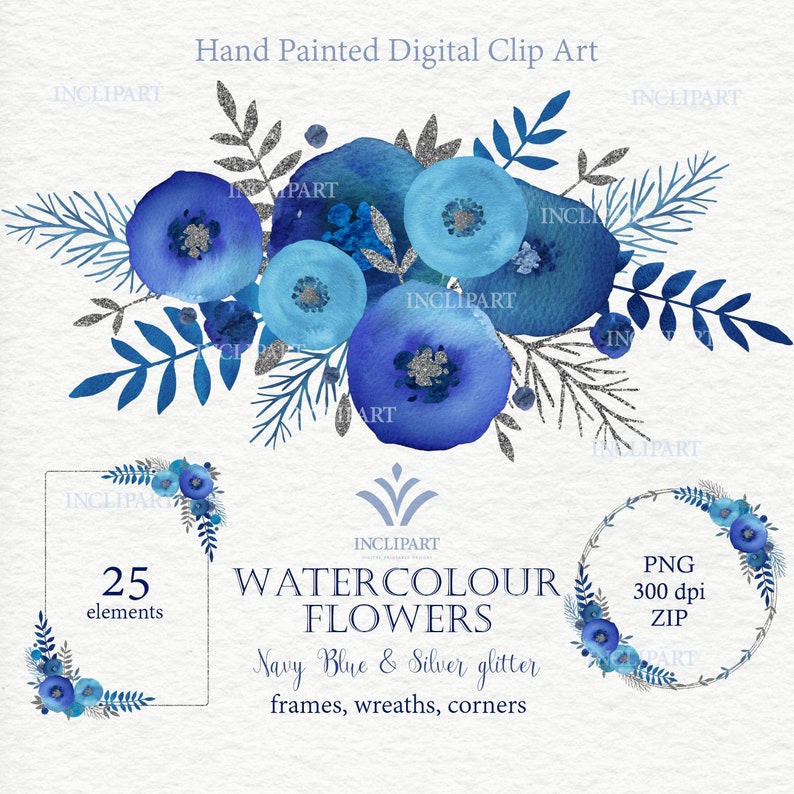 Watercolor Navy Blue Flowers clipart. Floral wreaths corners | Etsy