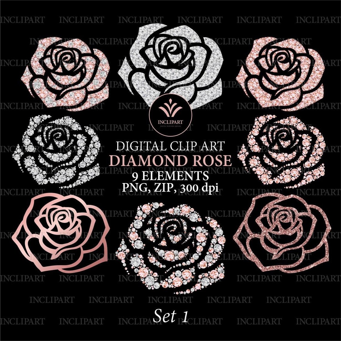Diamond Rose Digital Clip Art in PNG File Format. Rose Gold and White ...
