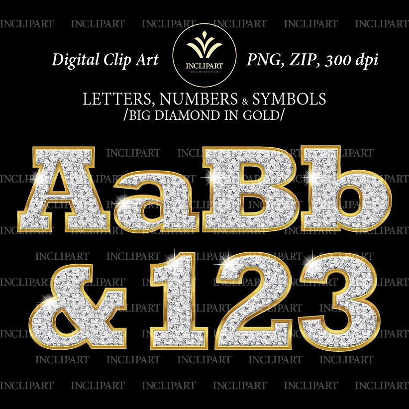 Diamond in Gold Numbers Letters Clipart PNG File Format. - Etsy UK