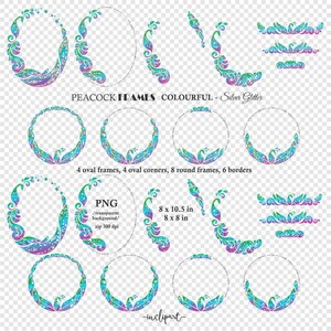 Digital Peacock Frames Clipart. Rainbow and Silver Glitter Oval, Round ...