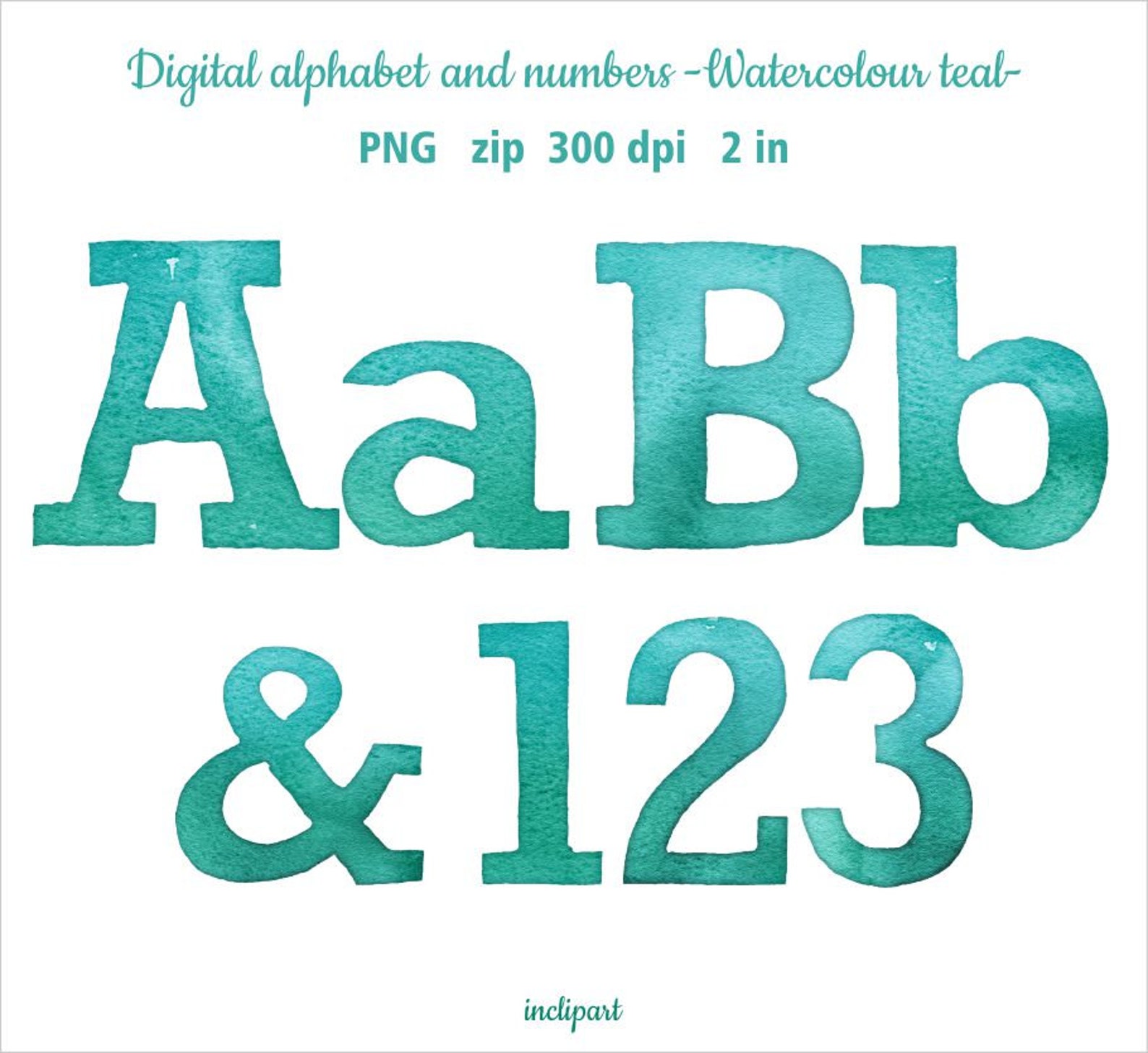 Watercolour letters numbers symbols digital clipart. Teal | Etsy