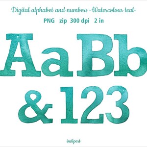 Watercolour Letters, Numbers, Symbols Digital Clipart. Teal Hand ...