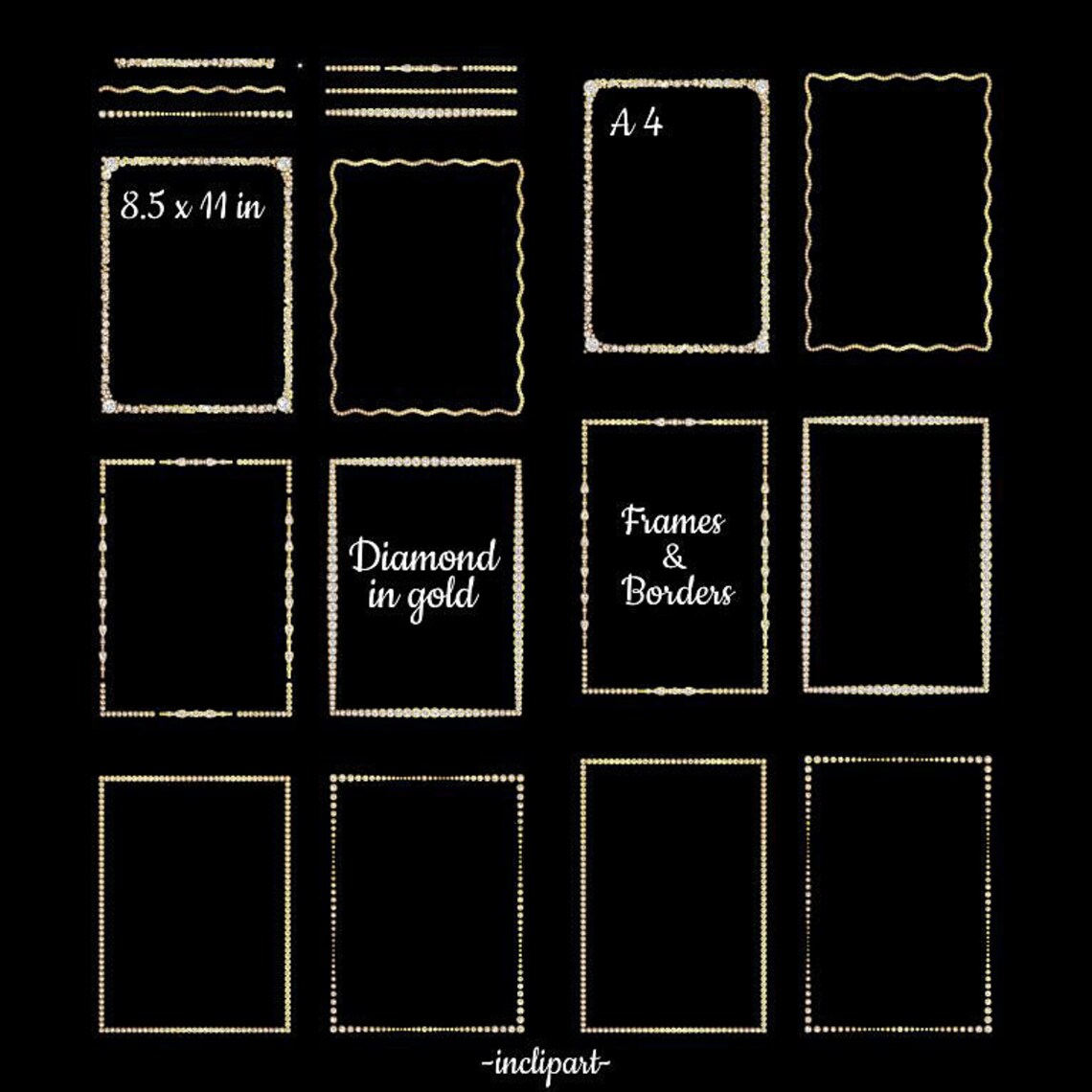 Frame Clipart Diamond Gold. Rhinestone Frame, Border Clipart. Digital ...