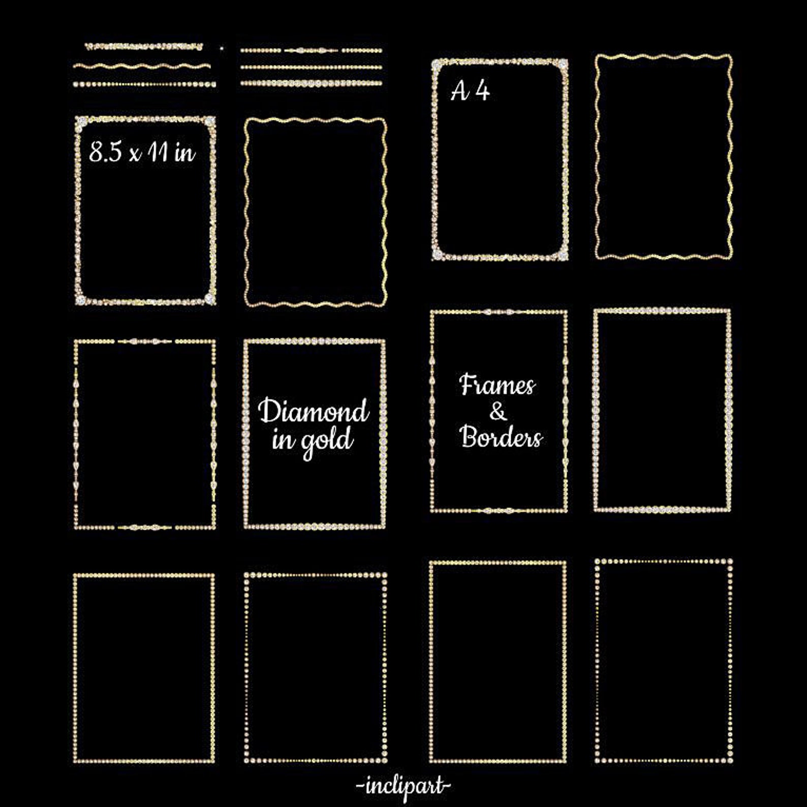 Frame Clipart Diamond Gold. Rhinestone Frame Border Clipart. | Etsy