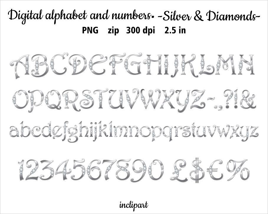 Alphabet Clip Art Silver & Diamonds. Letters Numberssymbols | Etsy