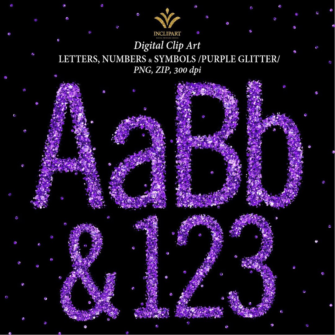 Purple Glitter Letters, Numbers, Symbols PNG Files Digital Clip Art ...
