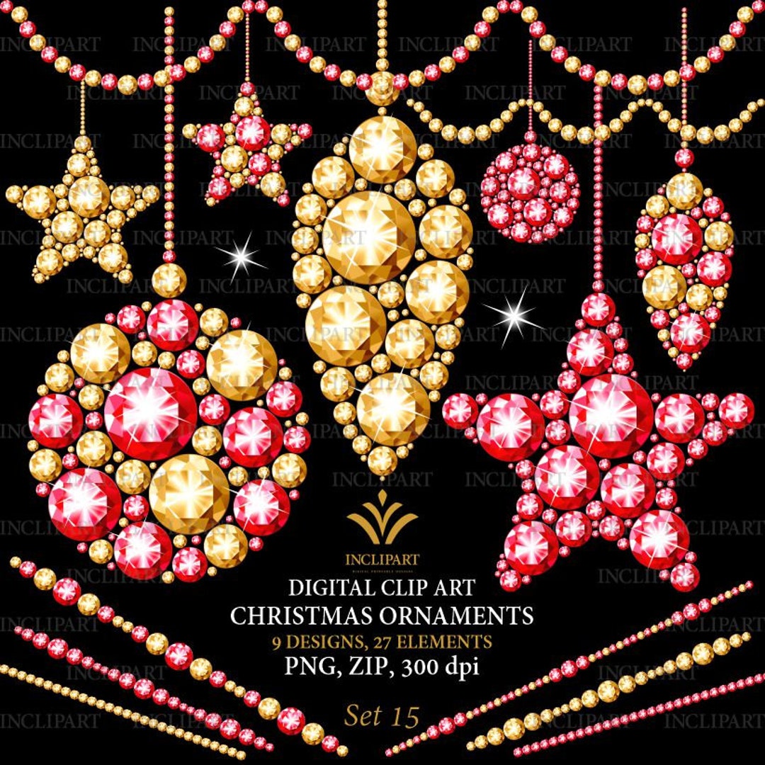 Diamond Christmas Ornaments Digital Clipart PNG. Red & Gold Diamond ...