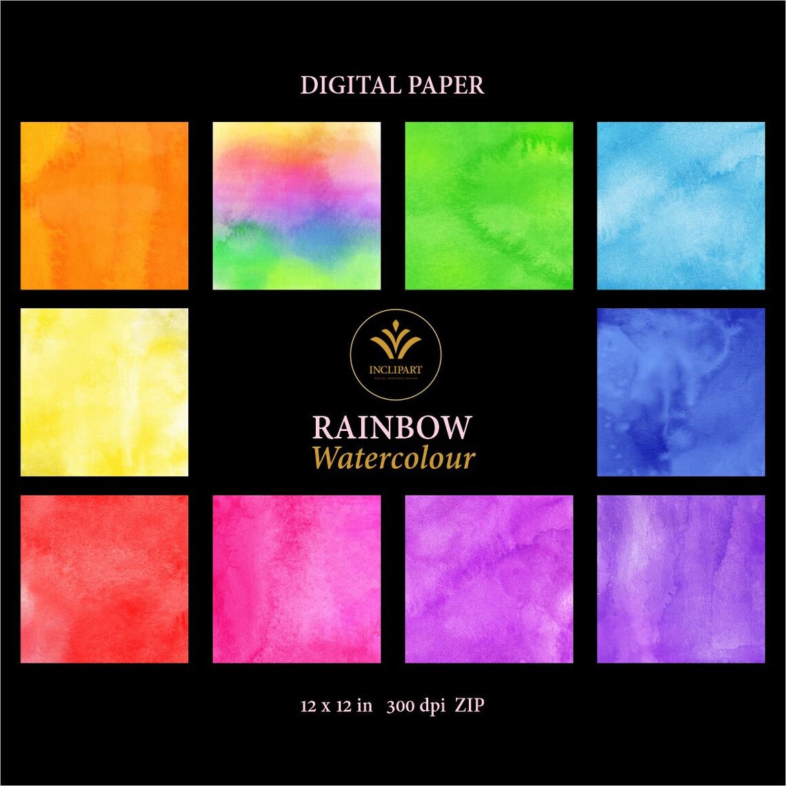 Rainbow Colours Watercolour Digital Paper Clip Art. Set of 10 JPG ...