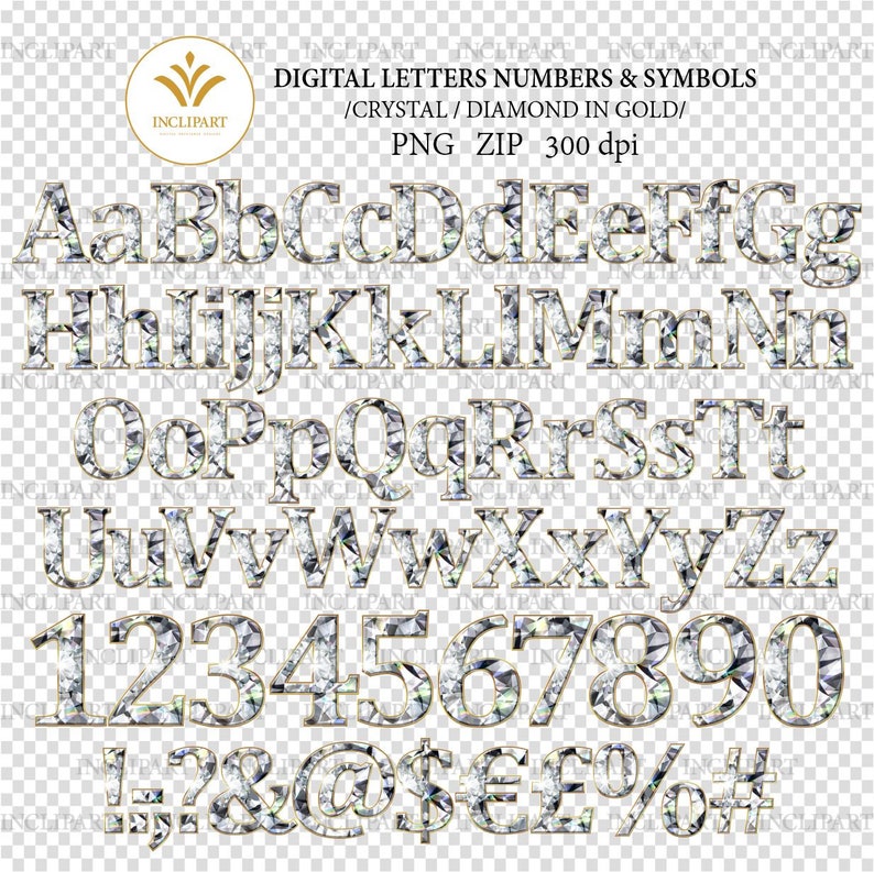Crystal / Diamond & Gold Alphabet PNG Files Digital Clip Art. - Etsy